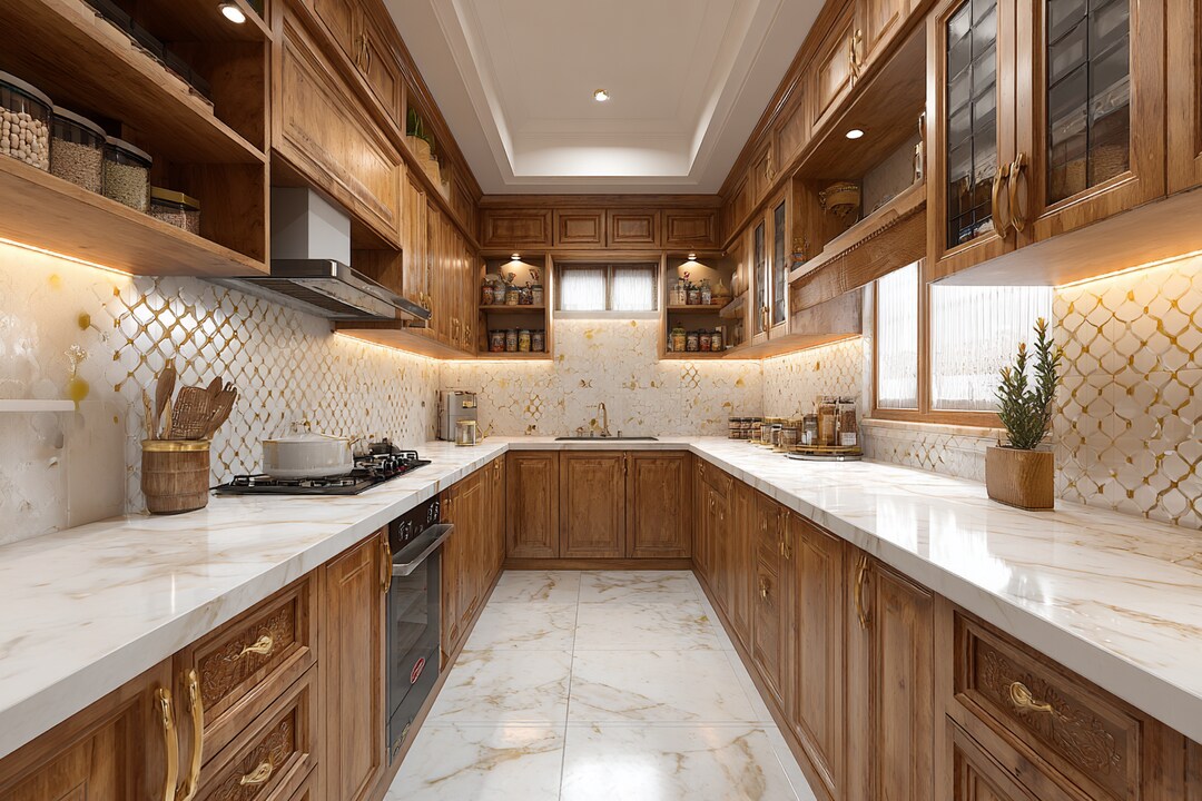 Classic Indian Kitchen Design with White Marble Countertop