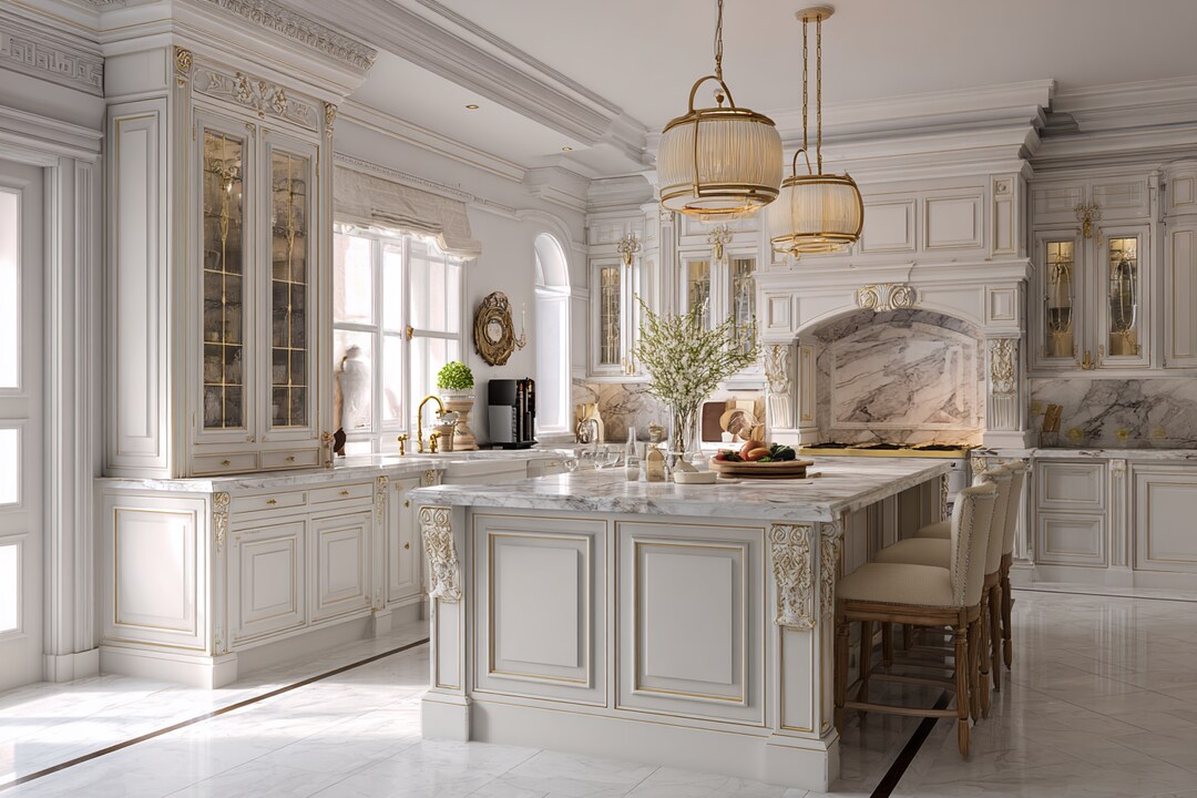 Classic Island Kitchen Design With Ornate White Cabinets and Marble ...