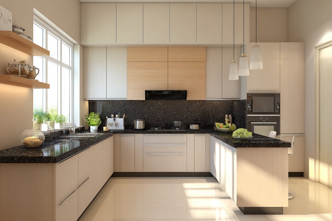 Classic L-Shaped Kitchen Design with Peninsula and Black Granite ...
