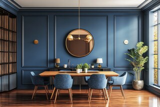 Classic Matte Slate Blue Wall Paint Design with Gold Accents and Moulding