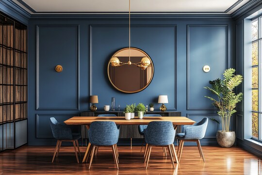Classic Matte Slate Blue Wall Paint Design with Gold Accents and Moulding
