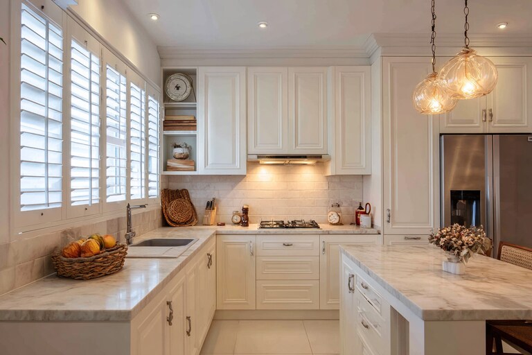 Classic Off-White Kitchen Design with L-Shaped Layout with Peninsula