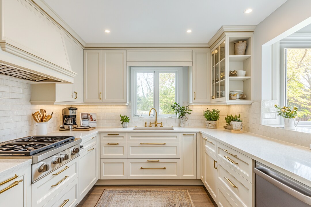 Classic U-Shaped Kitchen Design Gold Hardware and Quartz Counters