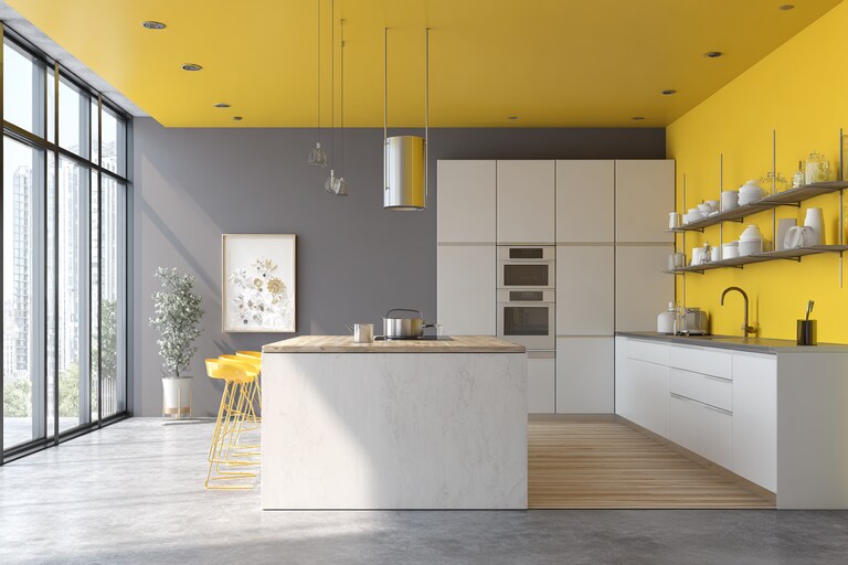 Comfortable Grey and Yellow Wall Colour Combination for Kitchen with ...