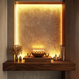 Minimal Wall-Mounted Pooja Unit Design with Illuminated Om Backdrop