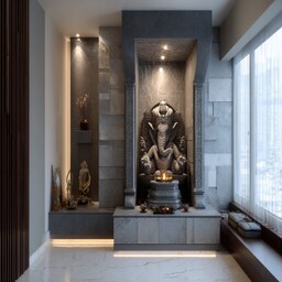 Modern Wall-Mounted Pooja Unit Design with Ganesha Mural