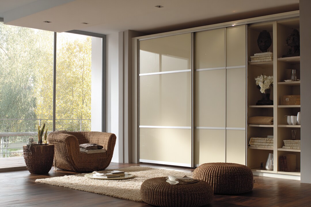 Contemporary 3-Door Sliding Wardrobe Design in Champagne and Ivory Finish