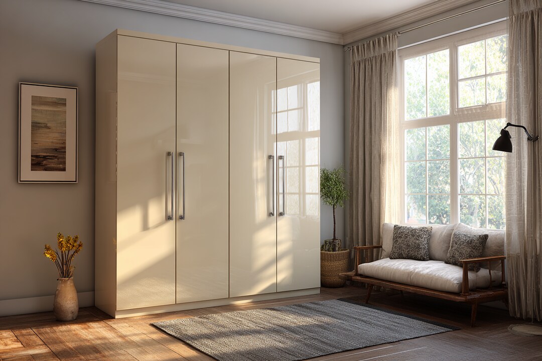 Contemporary 4-Door Swing Wardrobe Design in Irish Cream