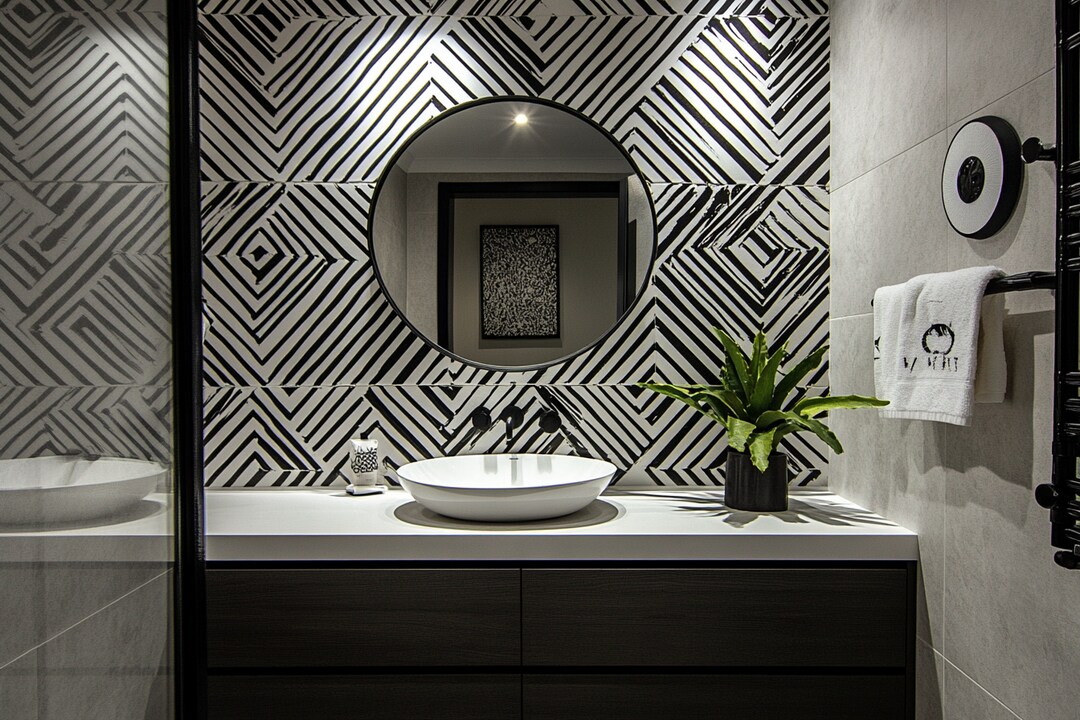 Contemporary Bathroom Design with Geometric Wall Tiles and Round Mirror