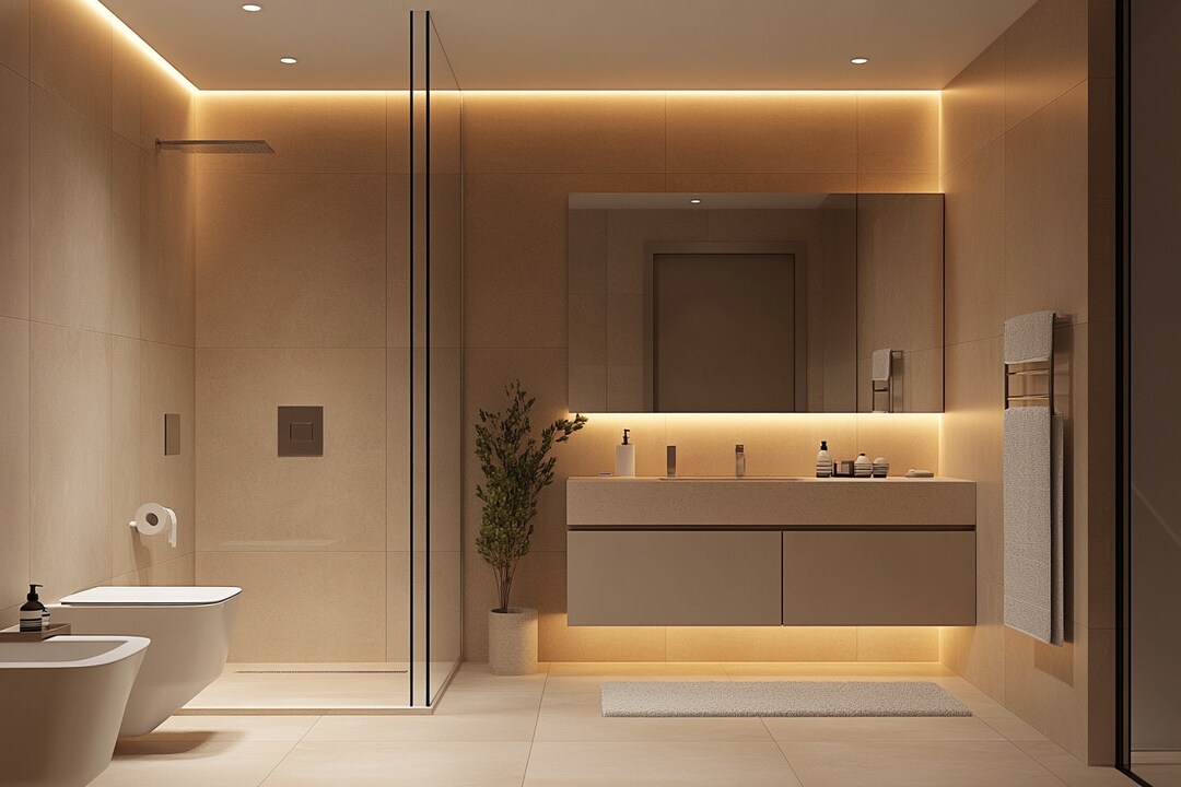 Contemporary Bathroom Design with Vanity and Light Brown Tiles