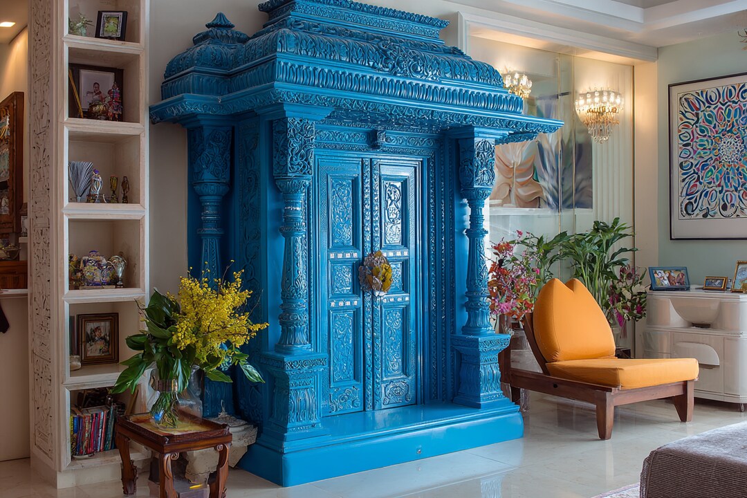 Contemporary Blue Mandir Design With CNC Door Cutting