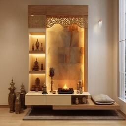 Floor-Mounted Minimal Pooja Unit Design in Walnut Bronze With Storage