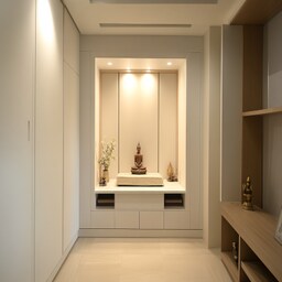 White Contemporary Pooja Unit Design with Warm Lighting
