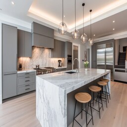 Matte Grey Contemporary L-Shaped Kitchen Design With Marble Backsplash ...