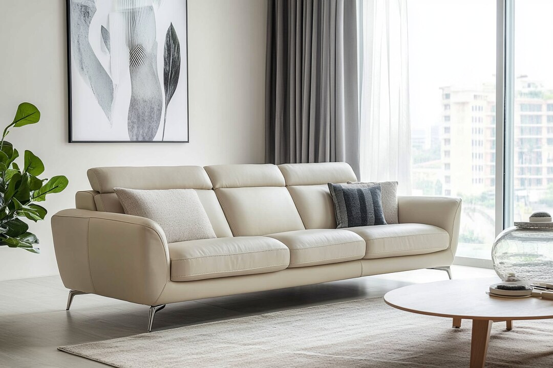 Contemporary Living Room Design with 3 Seater Sofa with Cream Leather Sofa