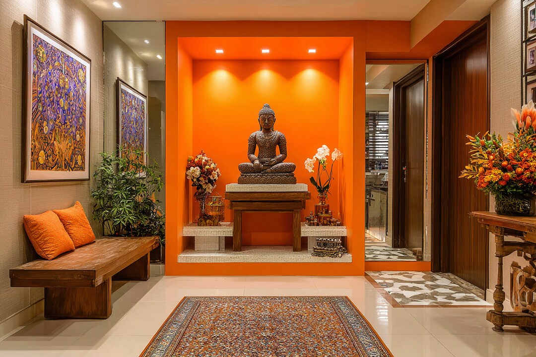 Contemporary Mandir Design With Bright Orange Backdrop