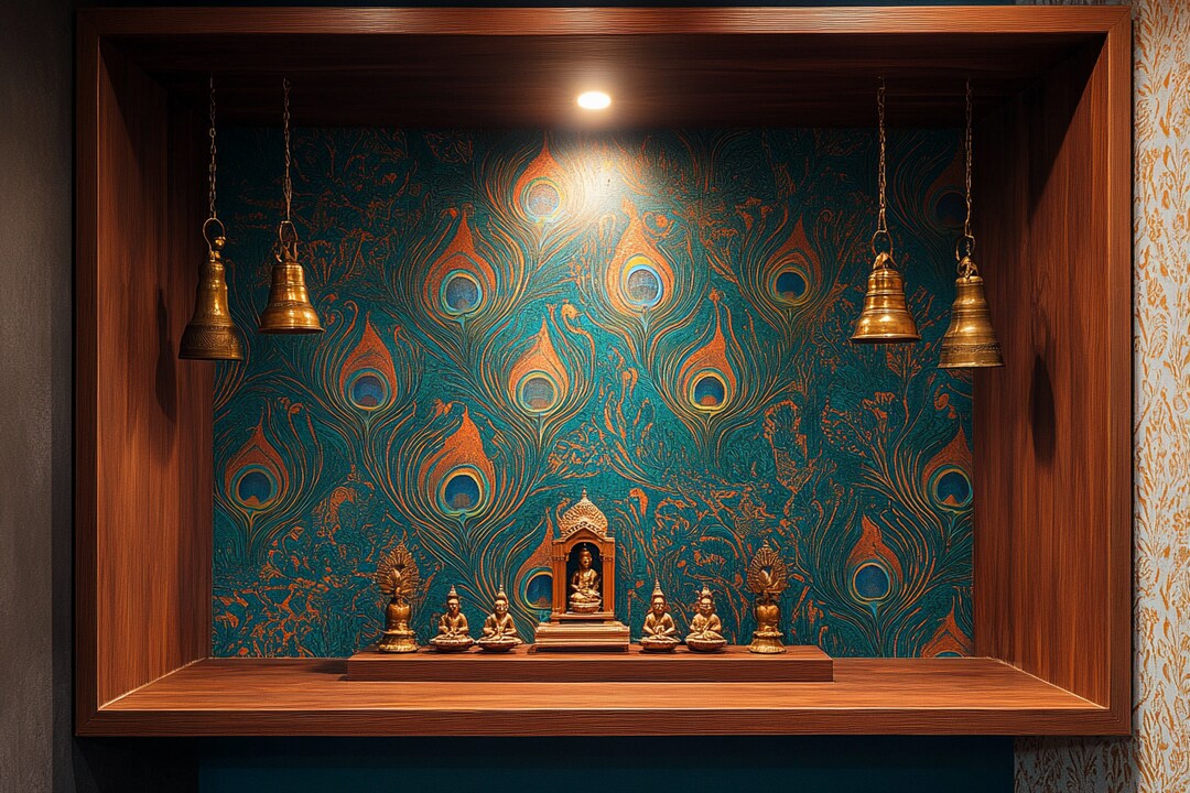 Contemporary Mandir Design With Peacock-Textured Wallpaper