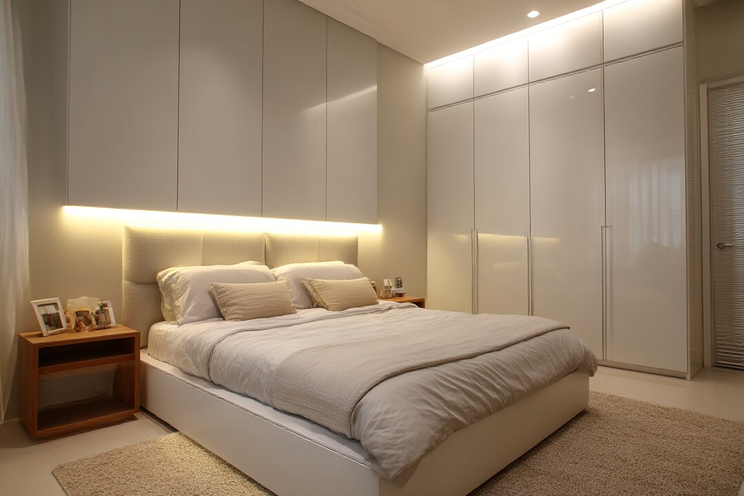 Contemporary Master Bedroom Design with Backlit Headboard King Bed with ...