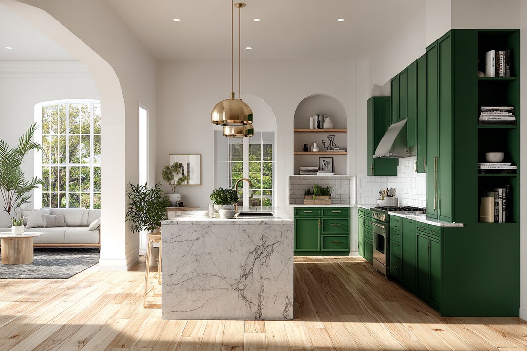 Contemporary Open Kitchen Design with Emerald Cabinets and Marble ...