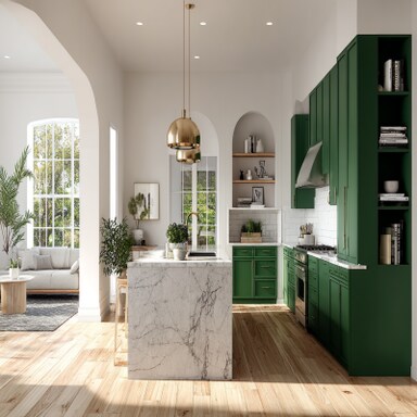 1 Modular Kitchen with Marble Backsplash and Green Countertop Ideas & Images 2026