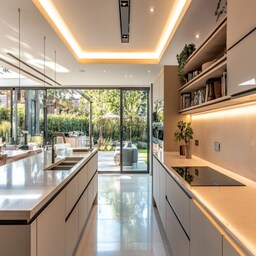 Aqua Green Modern Open Kitchen Design with Quartz Countertops