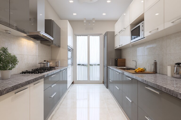 Contemporary Parallel Kitchen Design with Grey-White Cabinets and ...