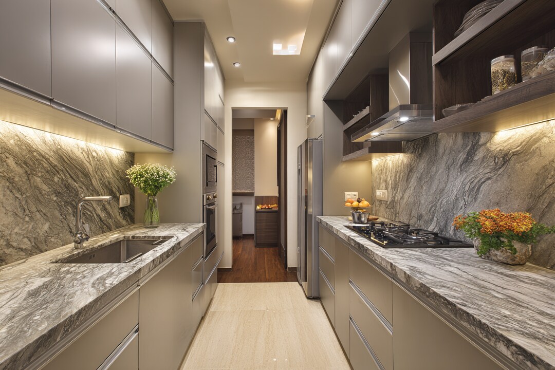 Contemporary Parallel Kitchen Design with Veined Granite Countertops