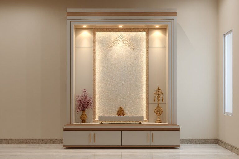 Contemporary Pooja Room Design With Backlit Frame
