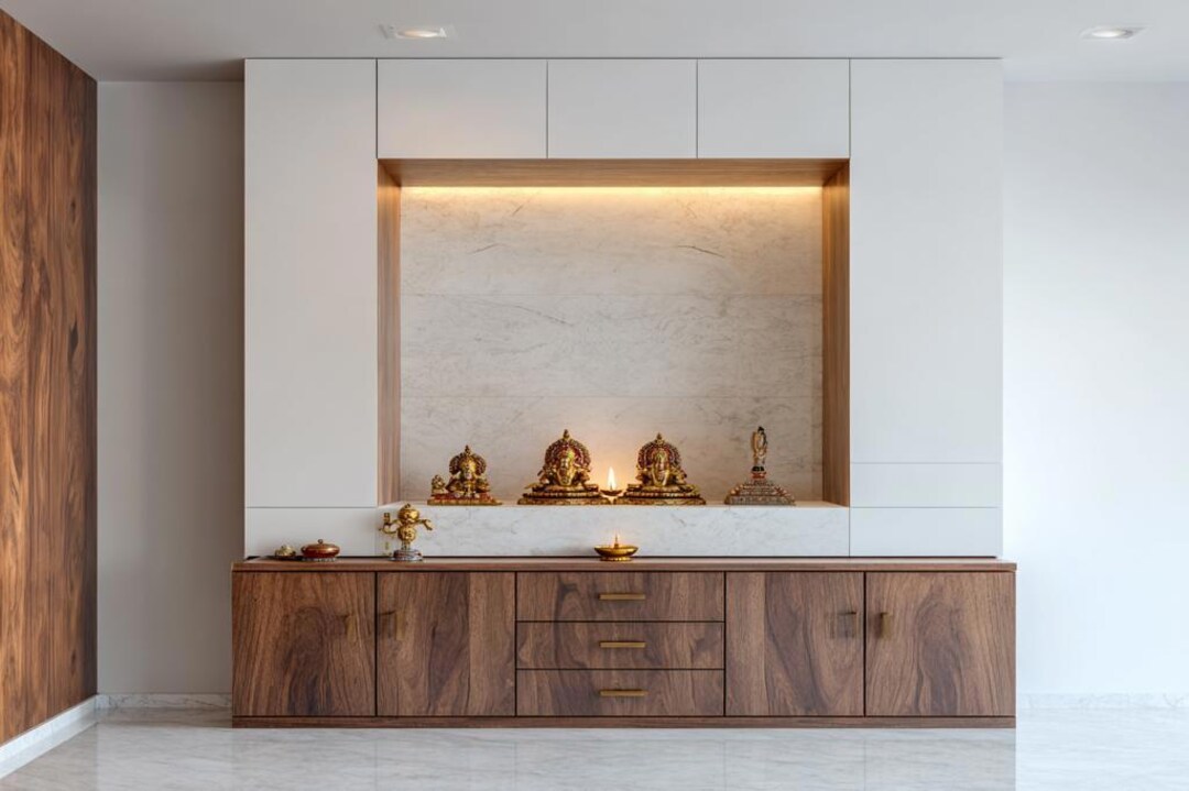 Contemporary Pooja Room Design With White Backdrop And Wooden Storage ...