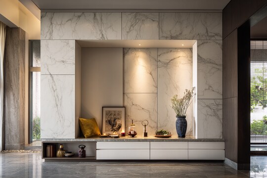 Contemporary Pooja Unit Design With White Marble Unit
