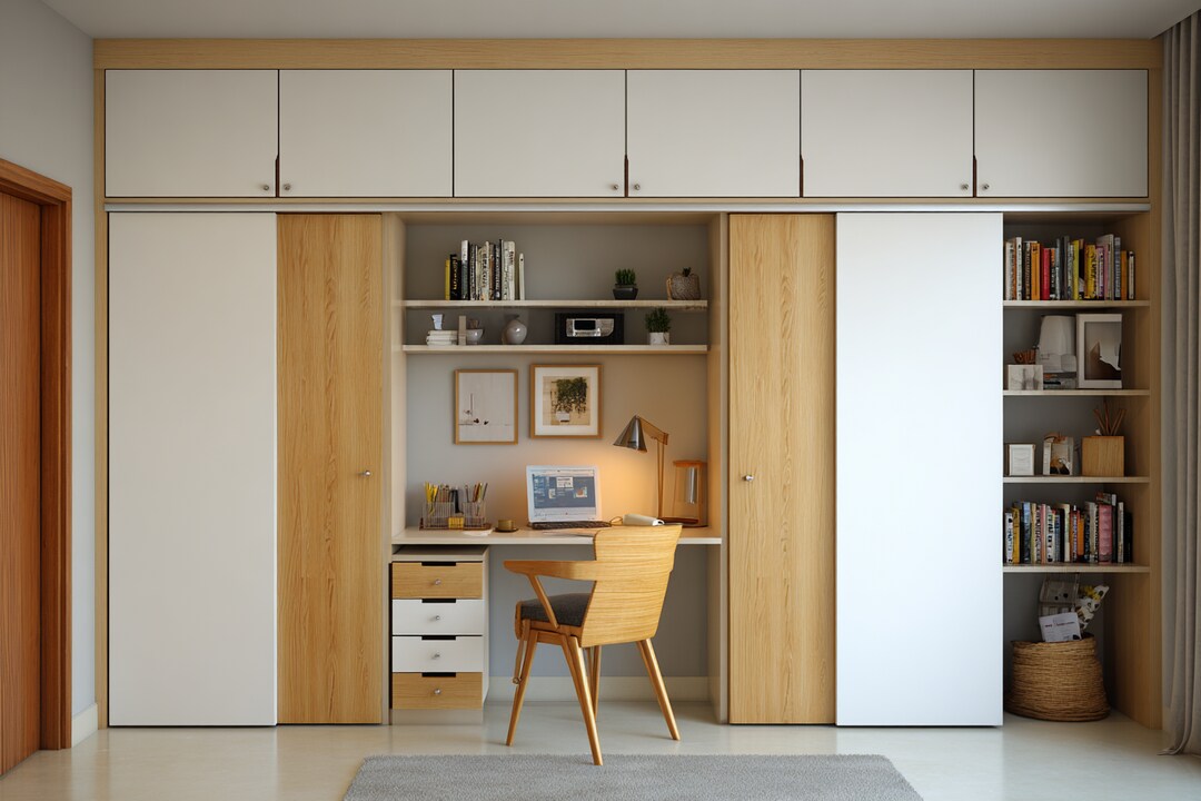 Contemporary Sliding Wardrobe Design with Study Table and Overhead Storage