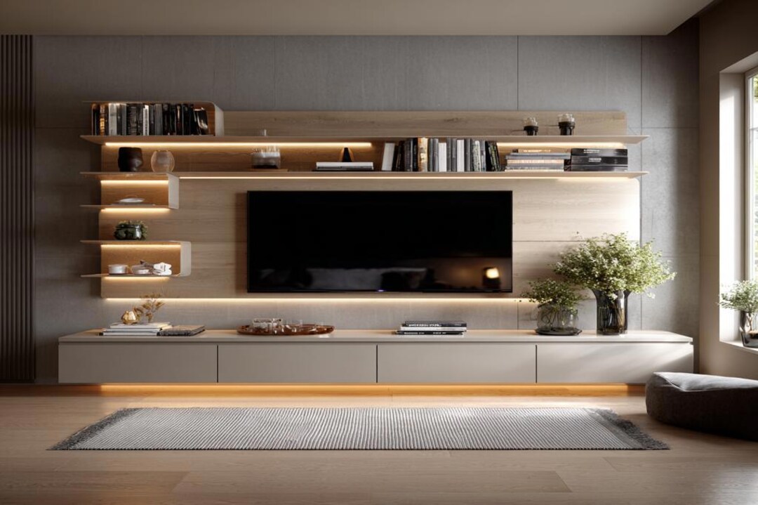 Contemporary TV unit design with Backlit Shelf and Floating Cabinets