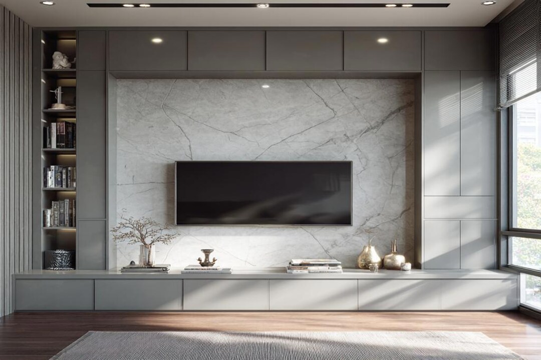 Contemporary TV unit design with Smoke Grey and Marble Backdrop