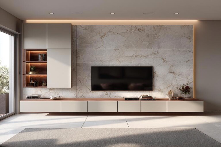 Contemporary TV unit design with Storage Cabinets and Marble Highlights