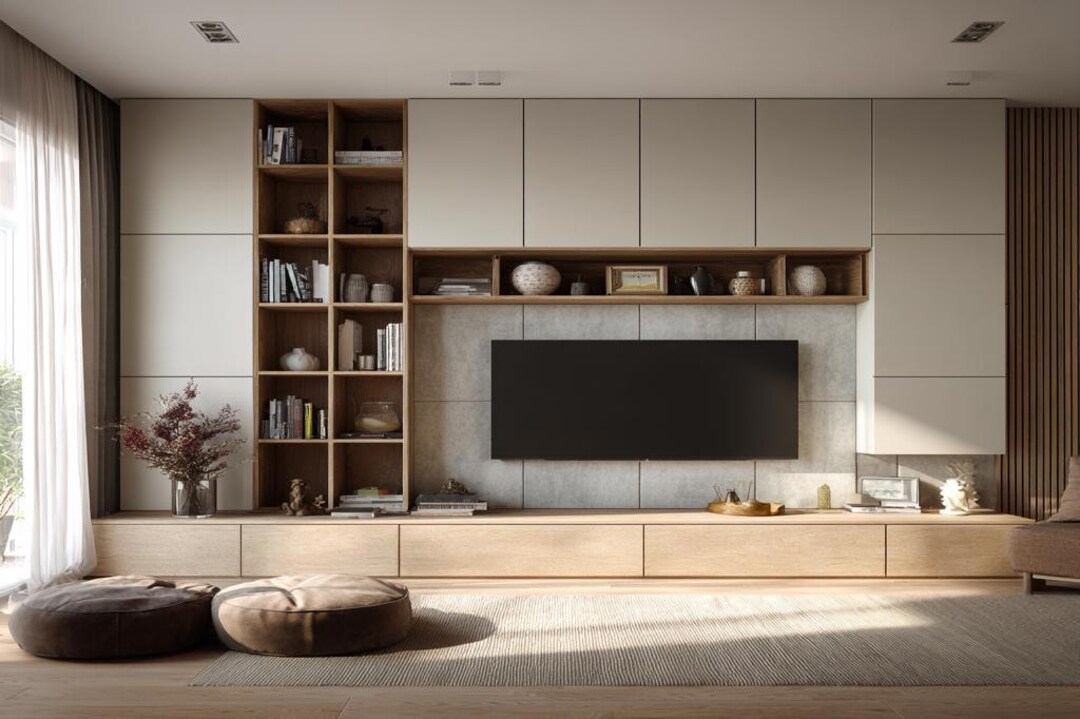 Contemporary TV unit design with Tall Cabinets and Open Shelving