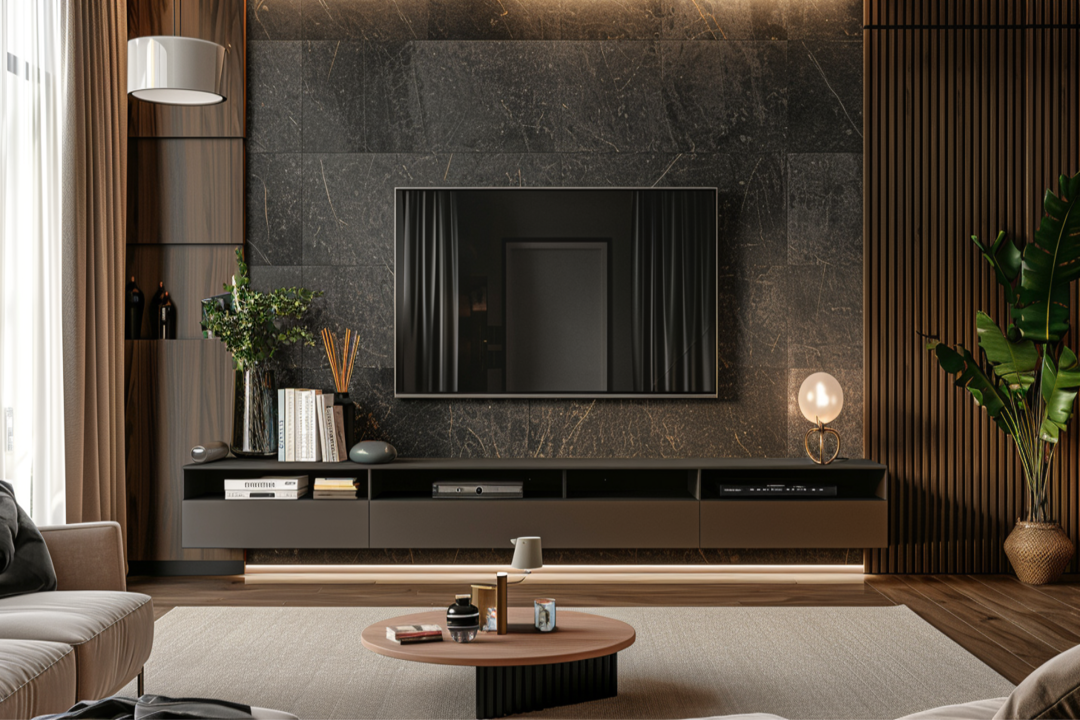 Contemporary TV Unit With A Textured Wallpaper For The Back Panel