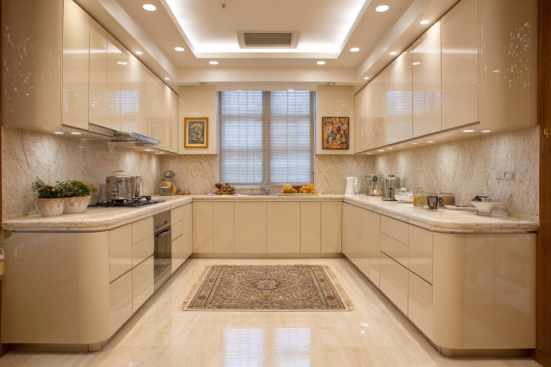 Contemporary U Shaped Kitchen Design with Cream Cabinets and Marble ...