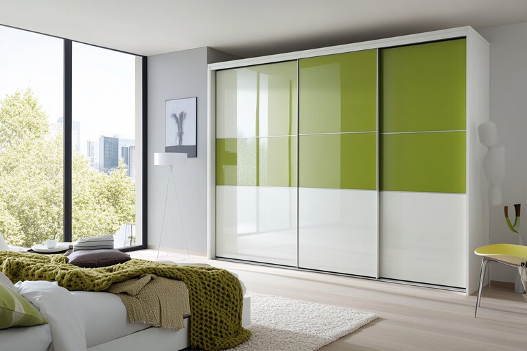 Contemporary White and Green Sliding Door Wardrobe Design