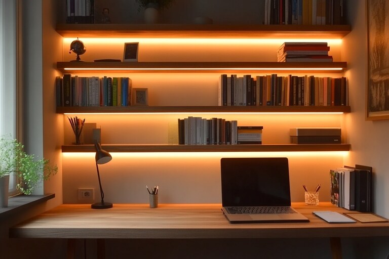 Contemporary Wooden Study Room Design With Wall-Mounted Shelves And LED ...