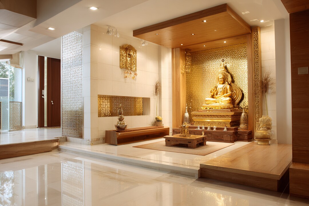 Convenient Contemporary Mandir Design With Gold And Wood Accents