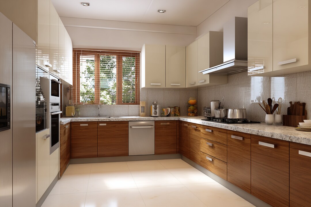 Cream and Teak Contemporary L-Shaped Kitchen Design With Granite Countertop