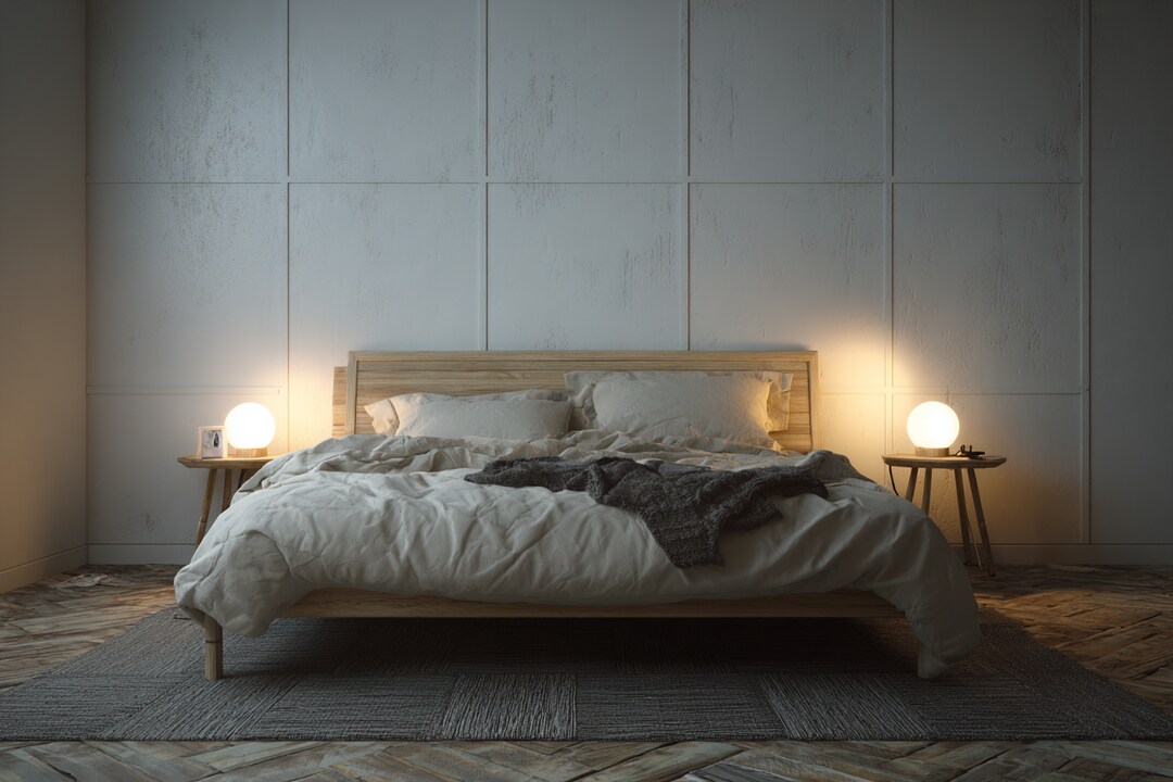 Eclectic Bedroom Design With A Wooden Bed And White Side Tables