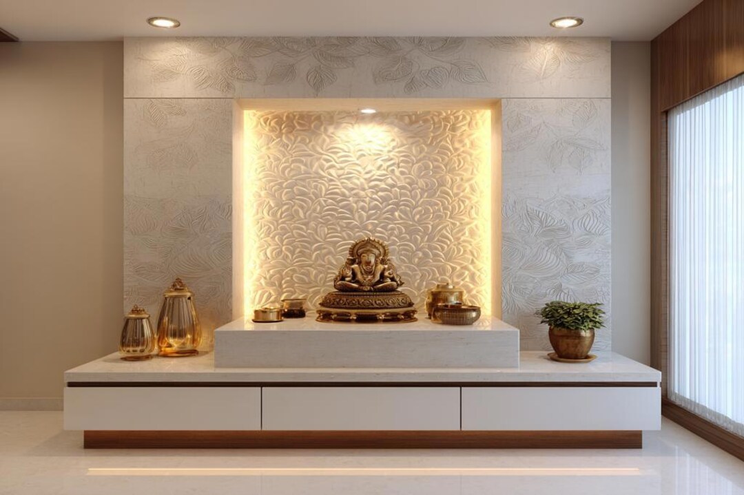 Floor Mounted Modern Pooja Design with Leaf Pattern Back Panel and ...