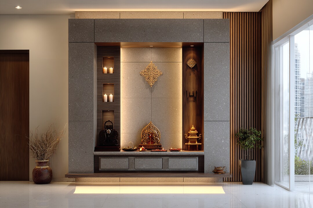 Granite Minimal Pooja Unit Design With Hidden Storage and Candle Accents