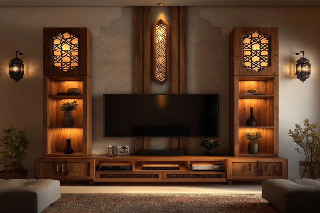 Indian Traditional TV unit design With Tower Cabinets And Geometric ...