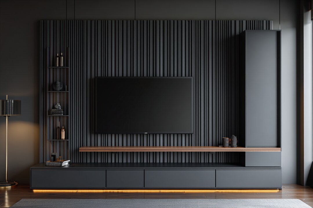 Industrial Matte Black TV Unit Design with Vertical Slats and Concealed ...