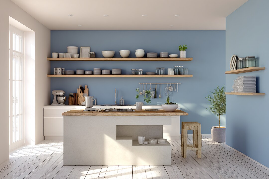 Inviting Light Blue and White Wall Colour Combination for Kitchen with Open Shelving and Island ...