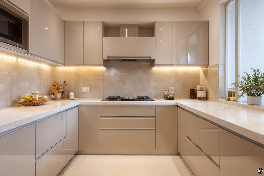 Light Beige Minimal U-Shaped Kitchen Design with Quartz Countertop and ...