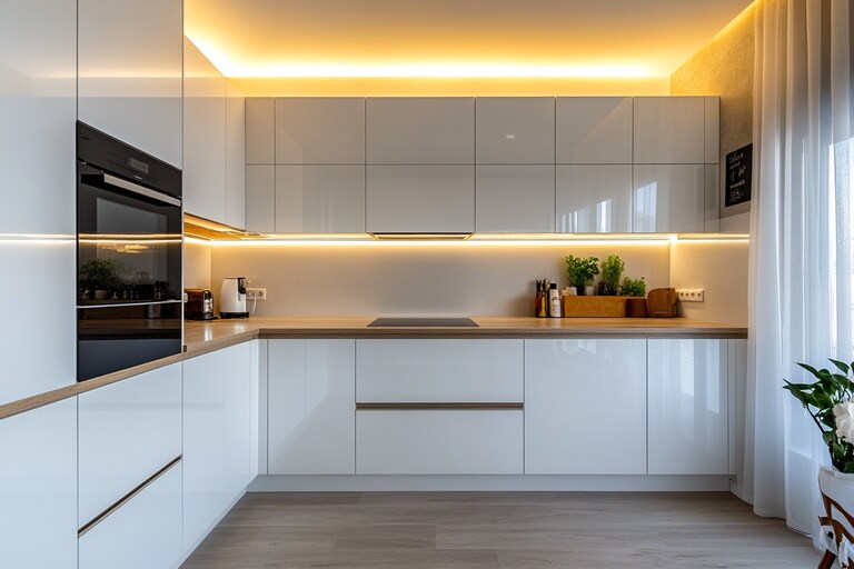 Margherita White Contemporary L-Shaped Kitchen Design with Glossy Finish