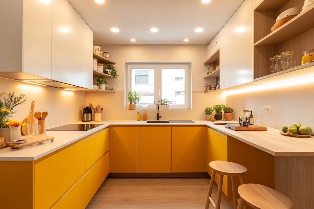 Marigold U-Shaped Modern Kitchen Design with White Contrast and Warm ...